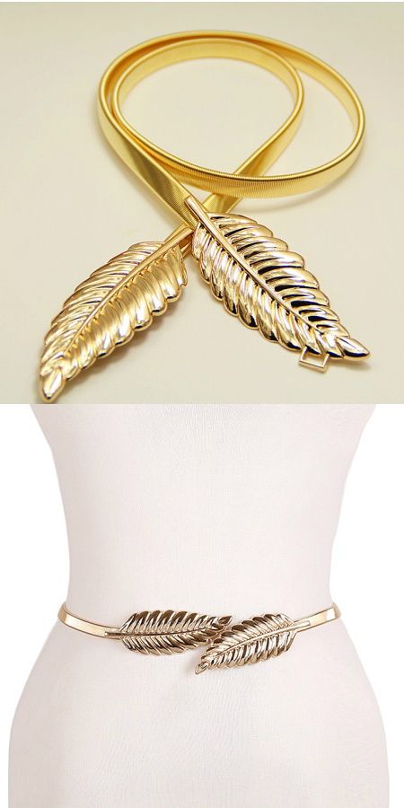 Curea elastica metalica aurie, catarama doua frunze